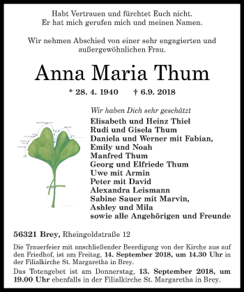 Traueranzeigen von Anna Maria Thum | rz-trauer.de
