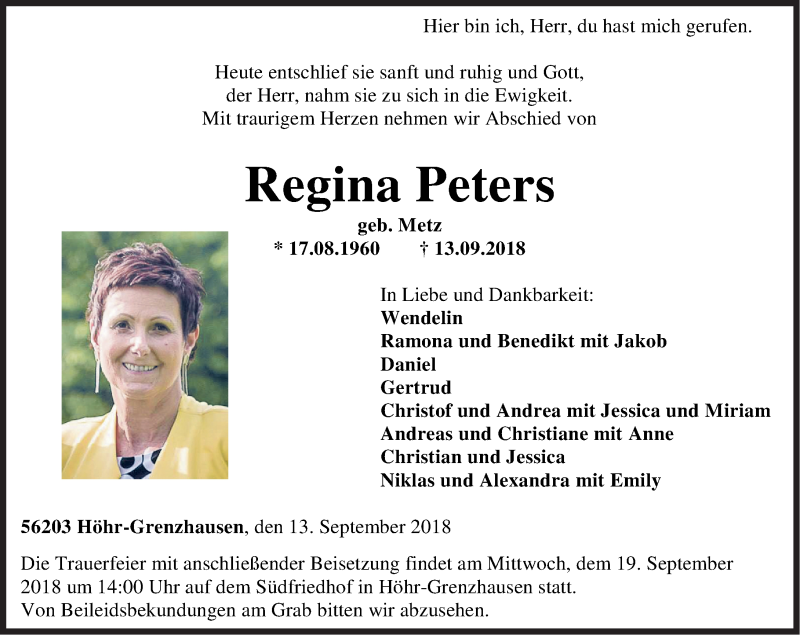 Traueranzeigen von Regina Peters | rz-trauer.de