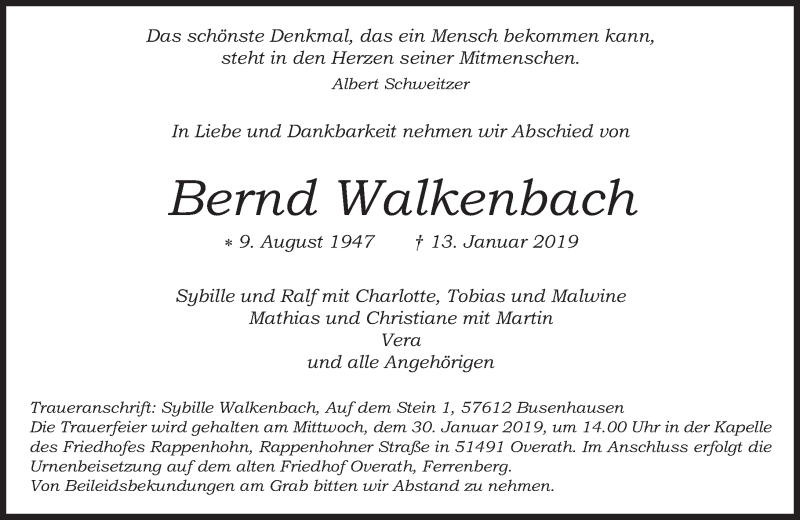 Traueranzeigen von Bernd Walkenbach | rz-trauer.de