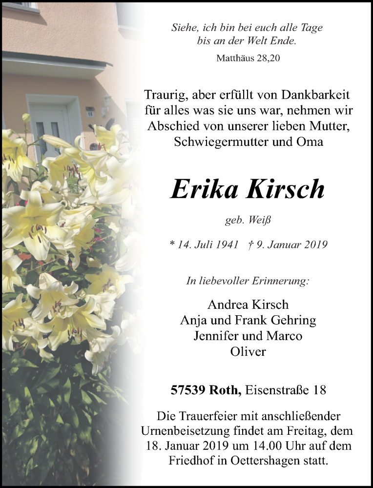 Traueranzeigen von Erika Kirsch | rz-trauer.de