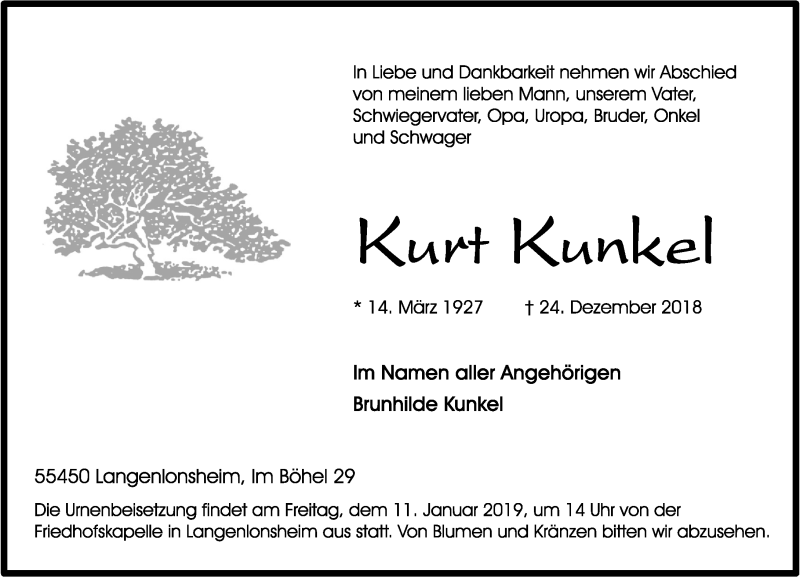 Traueranzeigen von Kurt Kunkel | rz-trauer.de