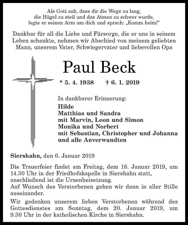 Traueranzeigen von Paul Beck | rz-trauer.de