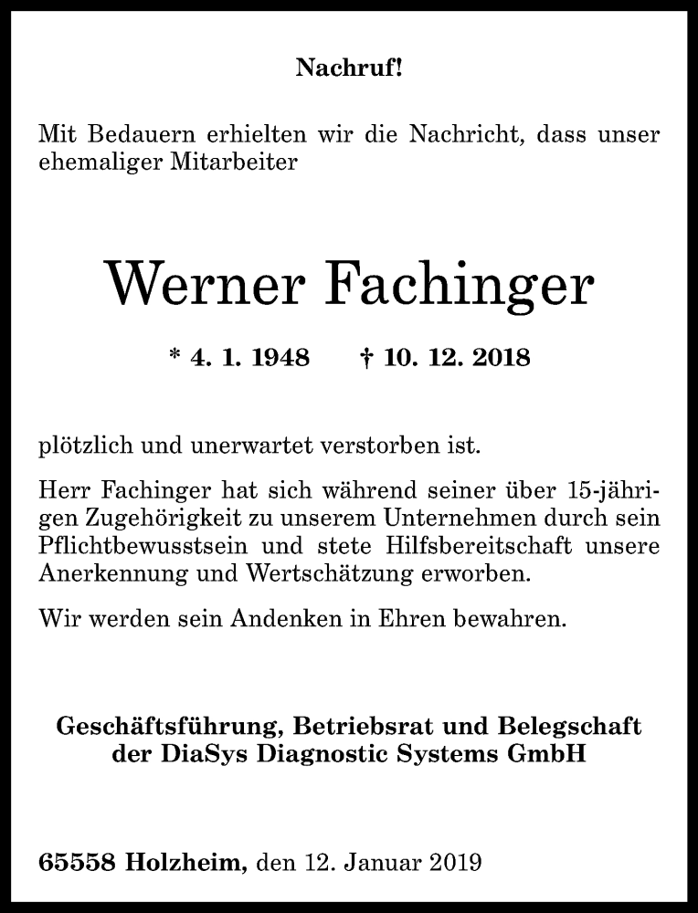 Traueranzeigen von Werner Fachinger | rz-trauer.de