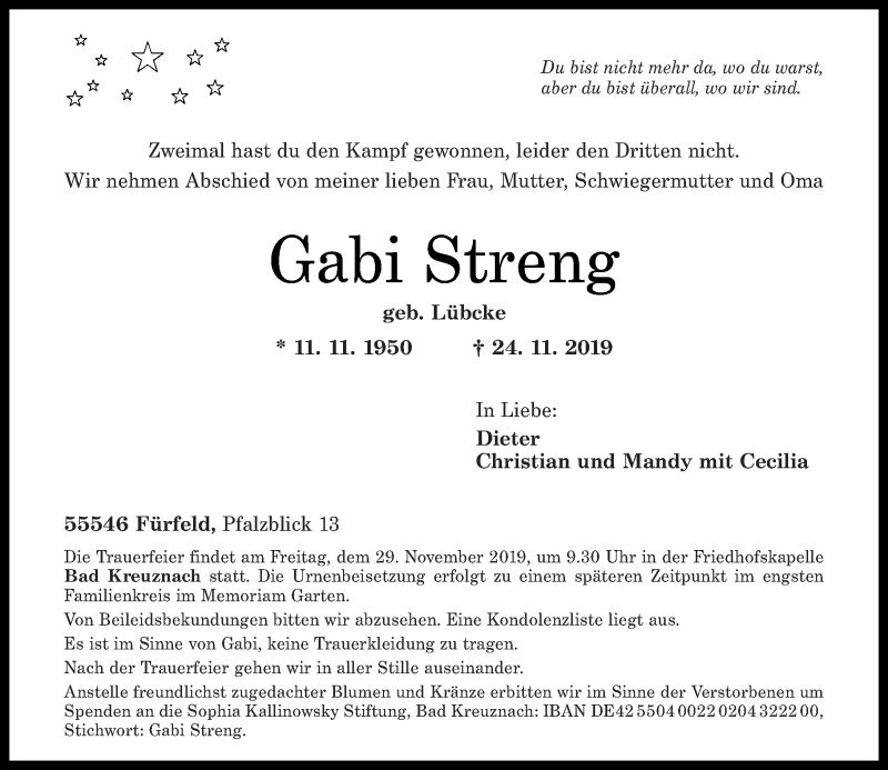 Traueranzeigen von Gabi Streng | rz-trauer.de