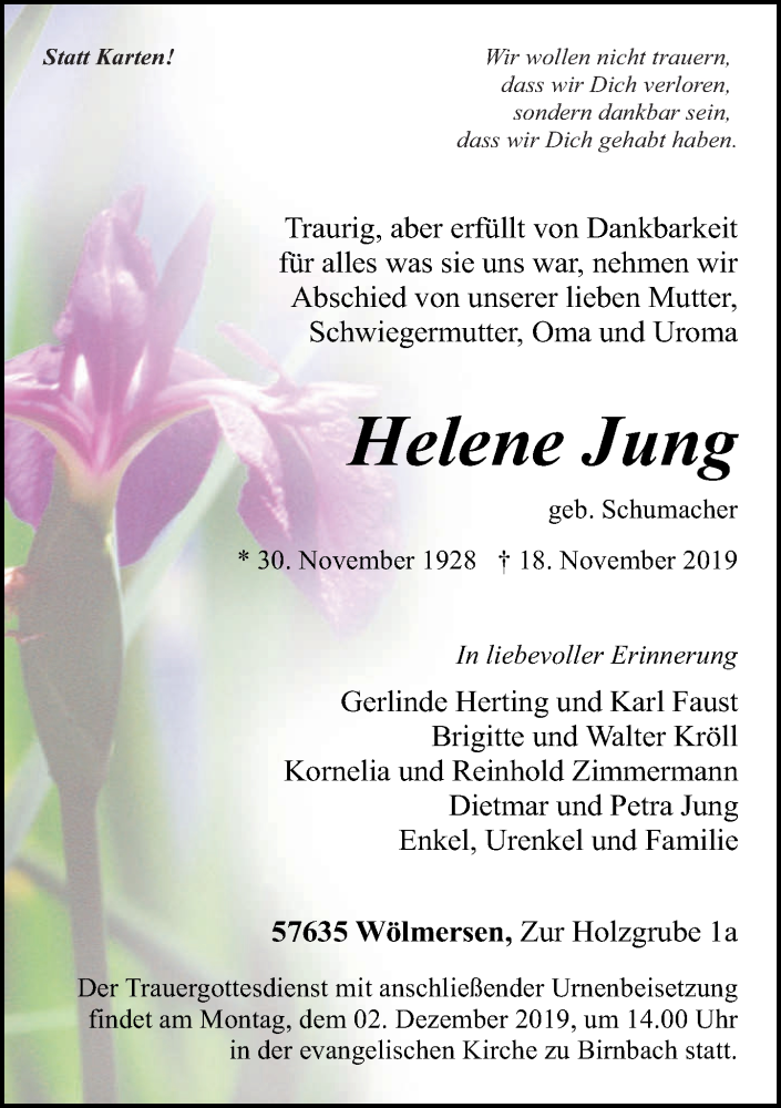 Traueranzeigen von Helene Jung | rz-trauer.de