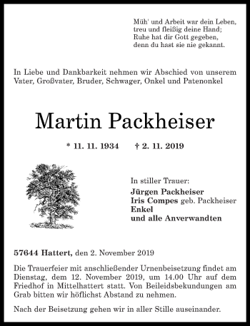 Traueranzeigen von Martin Packheiser | rz-trauer.de