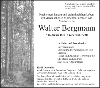 Traueranzeigen von Walter Bergmann | rz-trauer.de