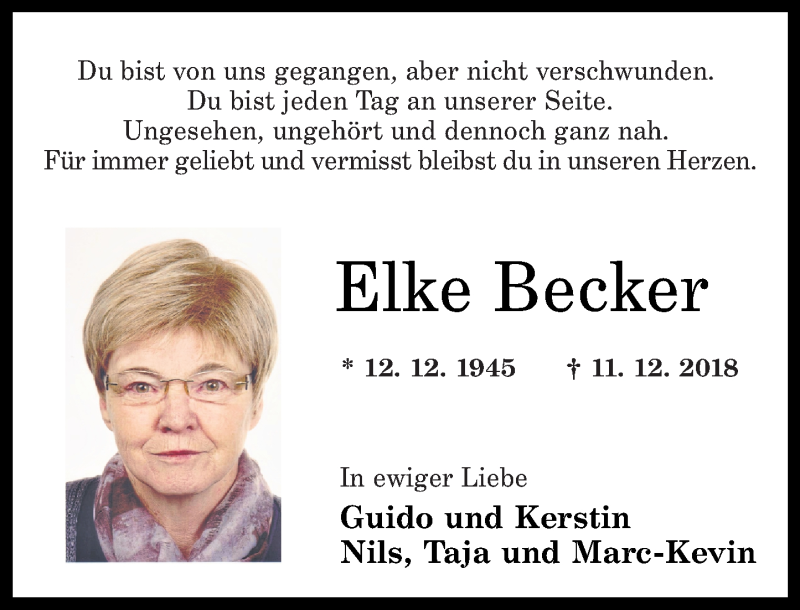 Traueranzeigen von Elke Becker | rz-trauer.de