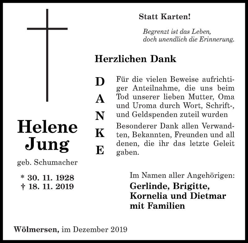 Traueranzeigen von Helene Jung | rz-trauer.de
