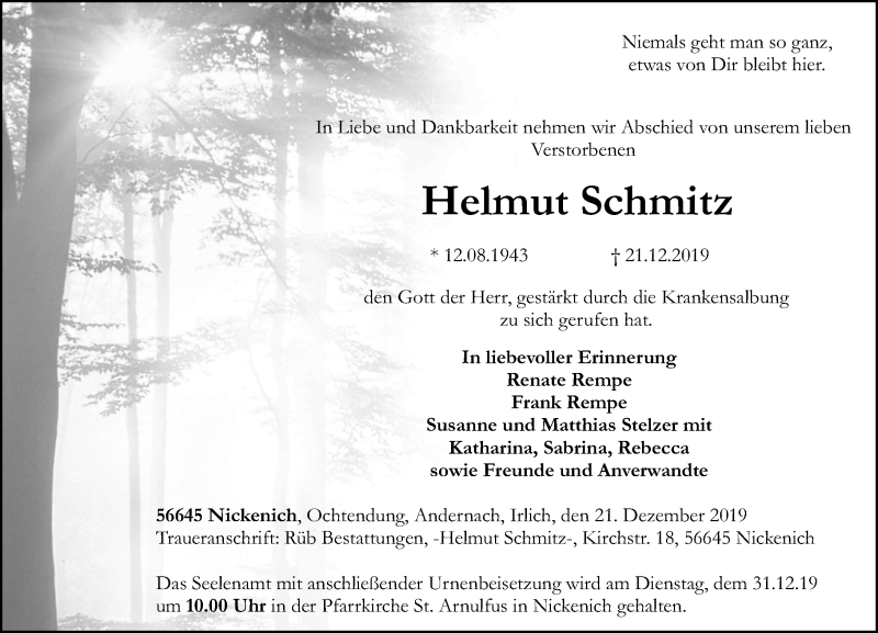 Traueranzeigen von Helmut Schmitz | rz-trauer.de