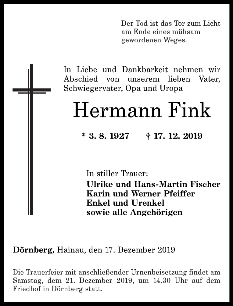 Traueranzeigen von Hermann Fink | rz-trauer.de