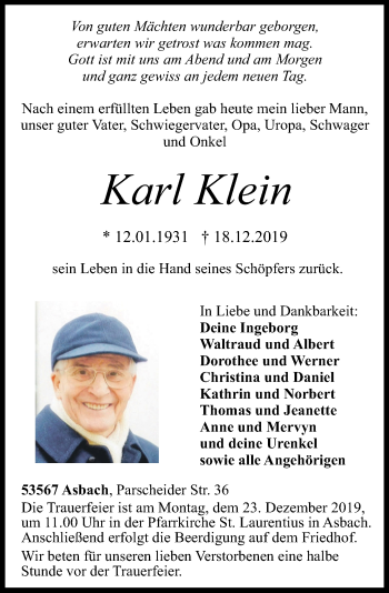 Traueranzeigen von Karl Klein | rz-trauer.de