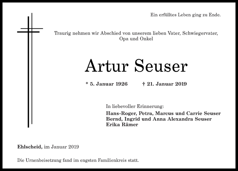 Traueranzeigen von Artur Seuser | rz-trauer.de