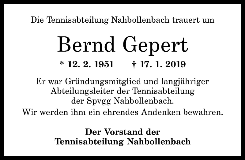 Traueranzeigen von Bernd Gepert | rz-trauer.de