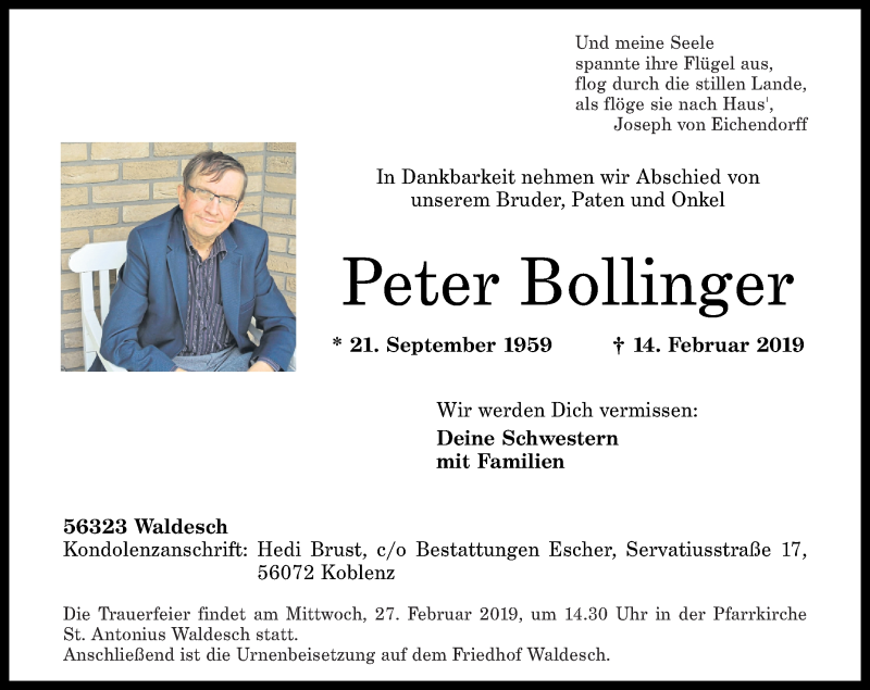 Traueranzeigen von Peter Bollinger | rz-trauer.de
