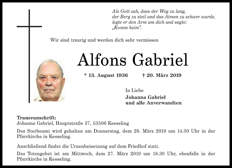 Traueranzeigen von Alfons Gabriel | rz-trauer.de