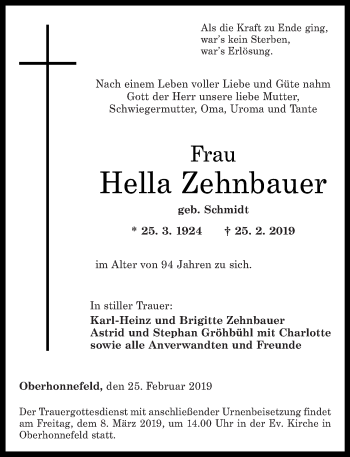 Traueranzeigen von Hella Zahnbauer | rz-trauer.de