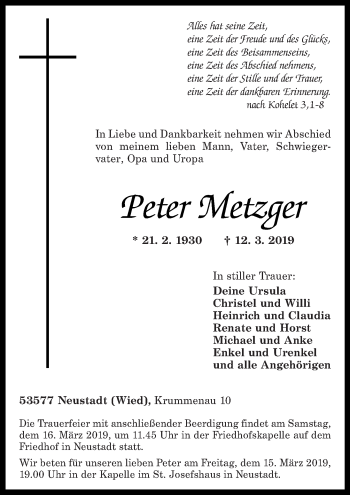Traueranzeigen von Peter Metzger | rz-trauer.de