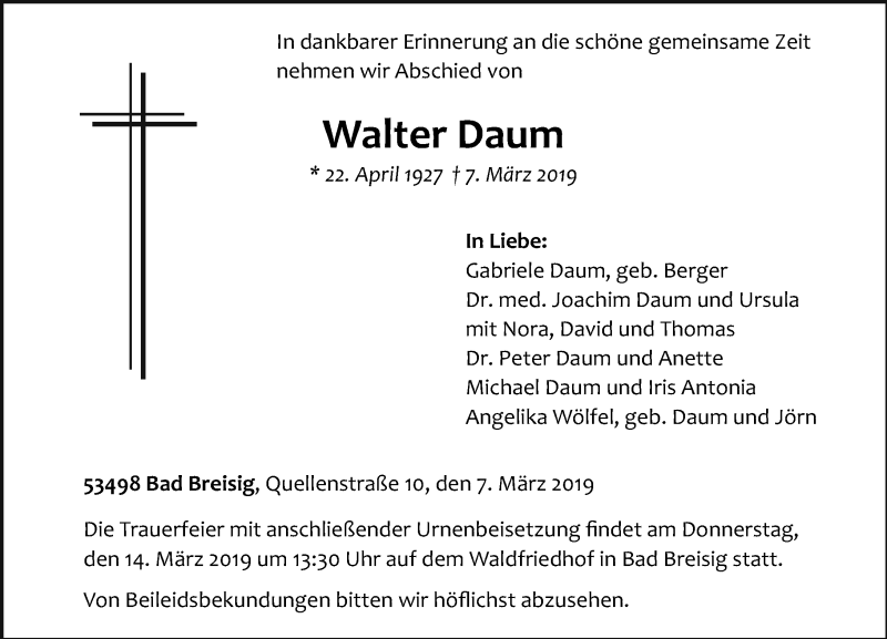 Traueranzeigen von Walter Daum | rz-trauer.de