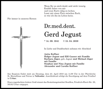 Traueranzeigen von Gerd Jegust | rz-trauer.de
