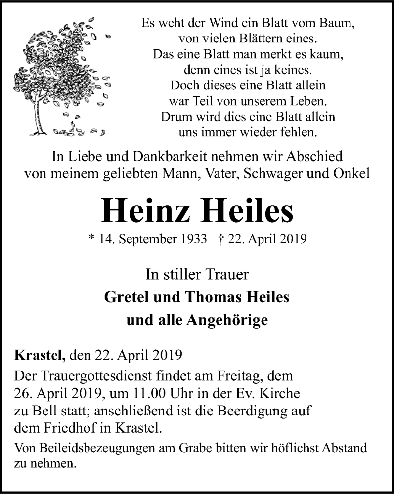 Traueranzeigen von Heinz Heiles | rz-trauer.de
