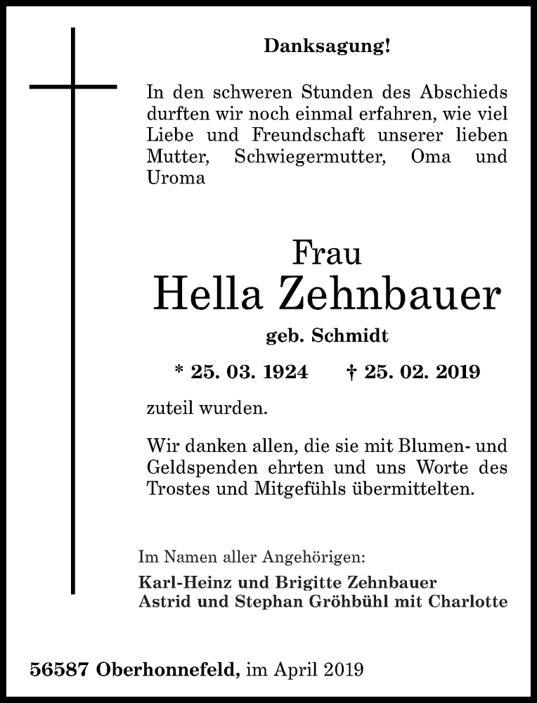 Traueranzeigen von Hella Zahnbauer | rz-trauer.de