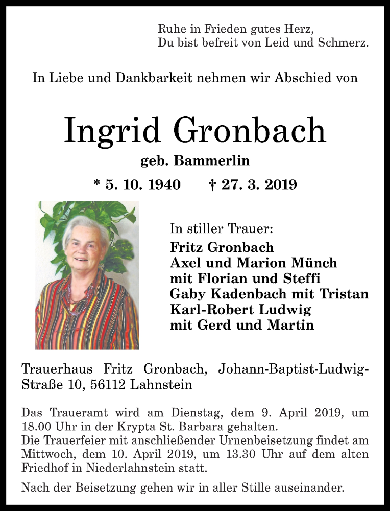 Traueranzeigen von Ingrid Gronbach | rz-trauer.de