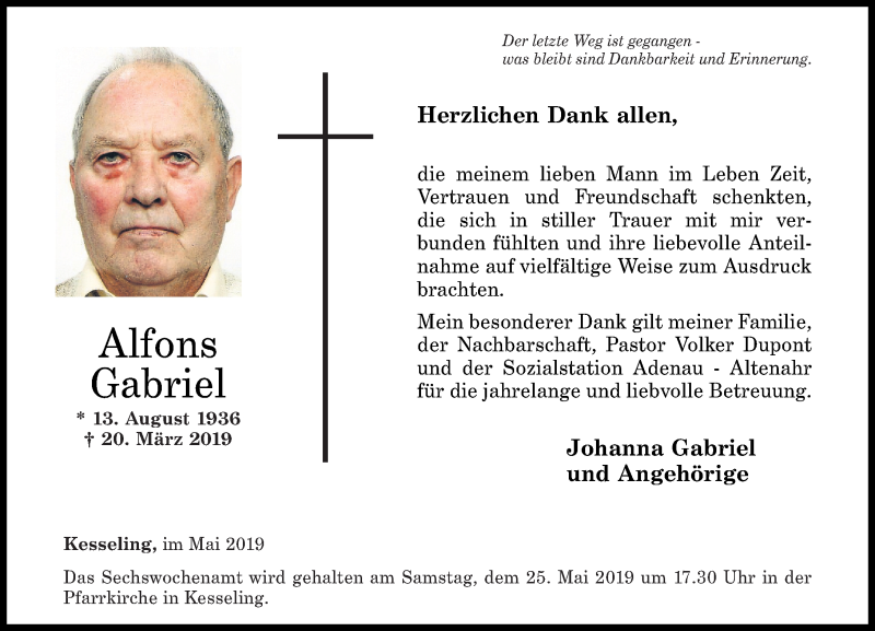 Traueranzeigen von Alfons Gabriel | rz-trauer.de