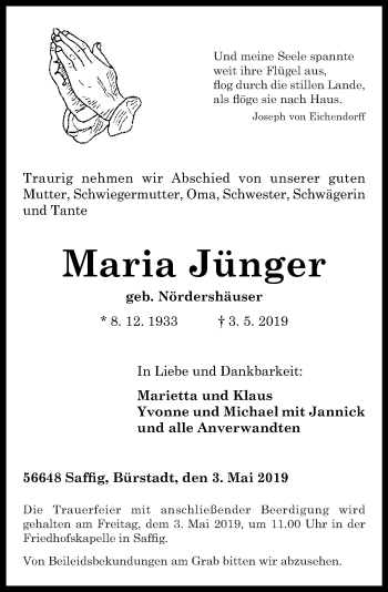 Traueranzeigen von Maria Jünger | rz-trauer.de