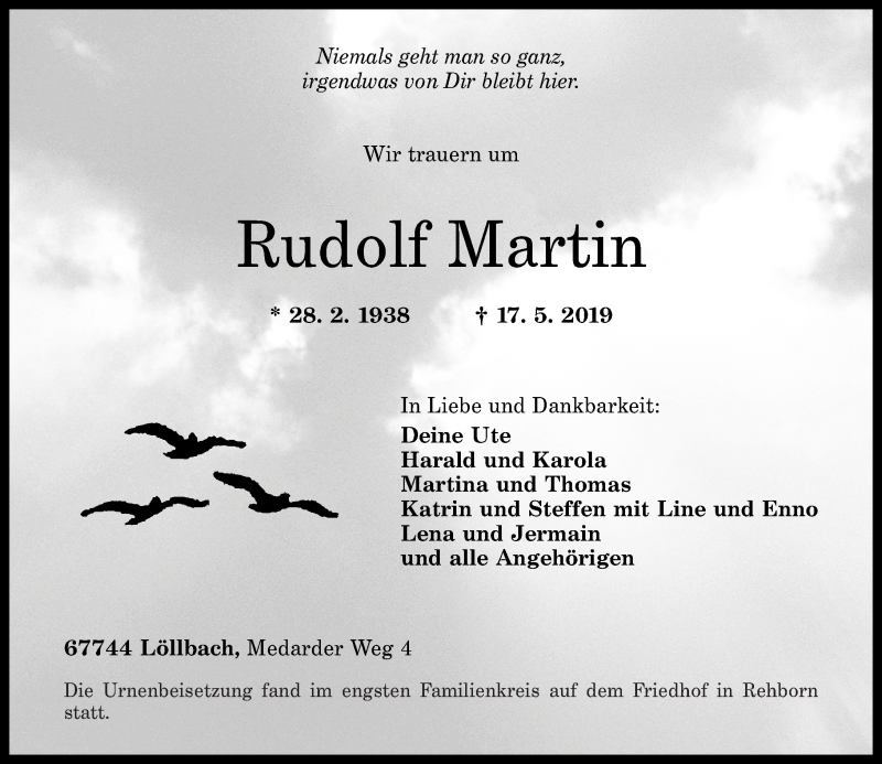 Traueranzeigen von Rudolf Martin | rz-trauer.de