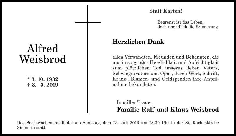 Traueranzeigen von Alfred Weisbrod | rz-trauer.de