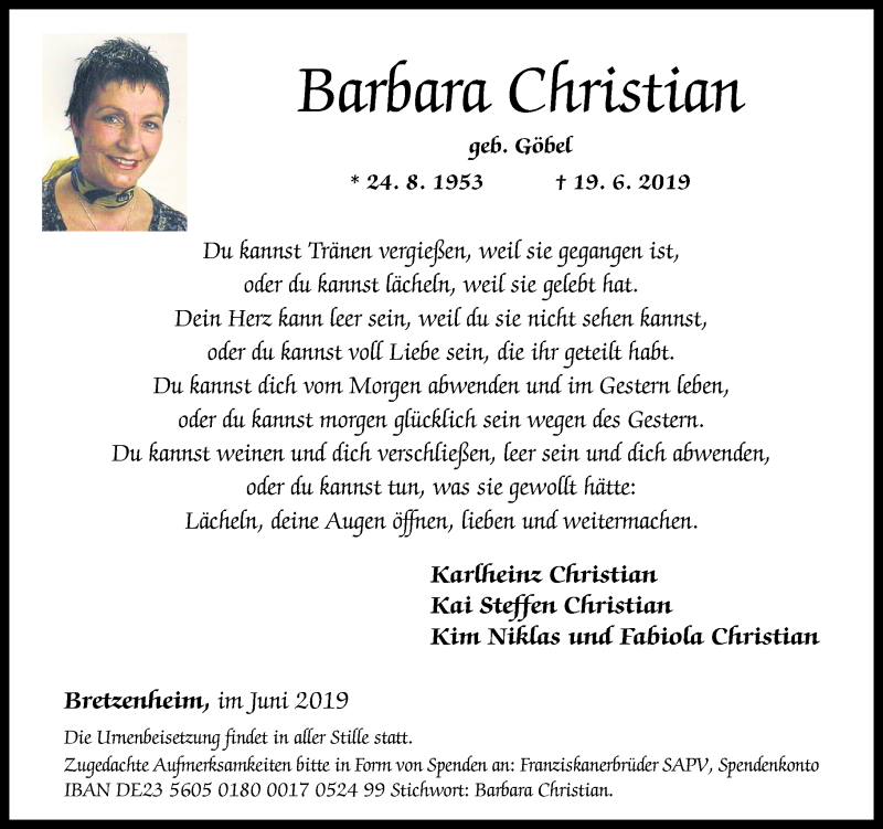 Traueranzeigen von Barbara Christian | rz-trauer.de