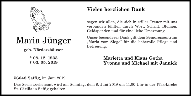 Traueranzeigen von Maria Jünger | rz-trauer.de
