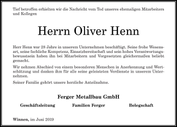 Traueranzeigen von Oliver Henn | rz-trauer.de
