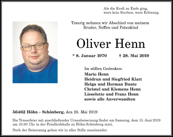 Traueranzeigen von Oliver Henn | rz-trauer.de