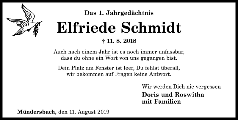 Traueranzeigen von Elfriede Schmidt | rz-trauer.de