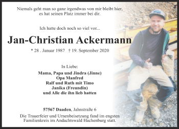 Traueranzeigen von Jan-Christian Ackermann | rz-trauer.de