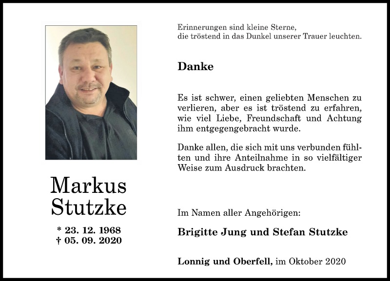 Traueranzeigen von Markus Stutzke | rz-trauer.de