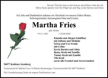 Traueranzeigen von Martha Fries | rz-trauer.de