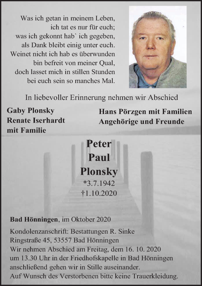 Traueranzeigen von Peter Paul I. Plonsky | rz-trauer.de