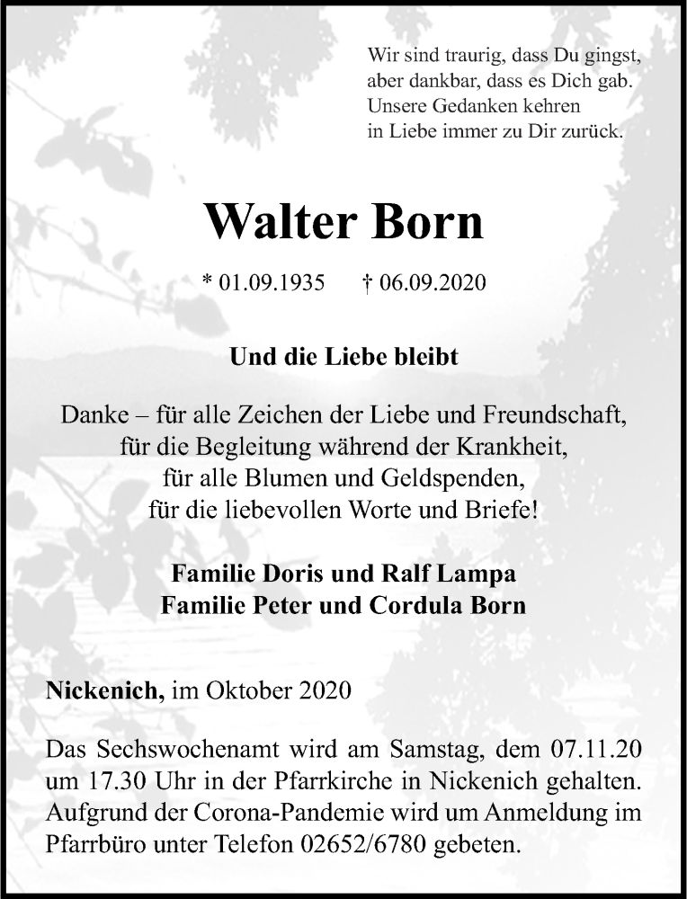 Traueranzeigen von Walter Born | rz-trauer.de