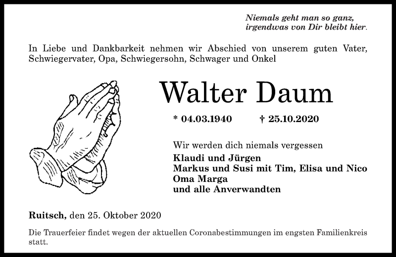 Traueranzeigen von Walter Daum | rz-trauer.de