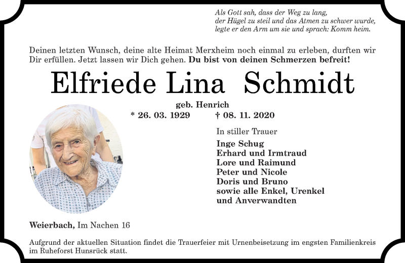 Traueranzeigen von Elfriede Lina Schmidt | rz-trauer.de