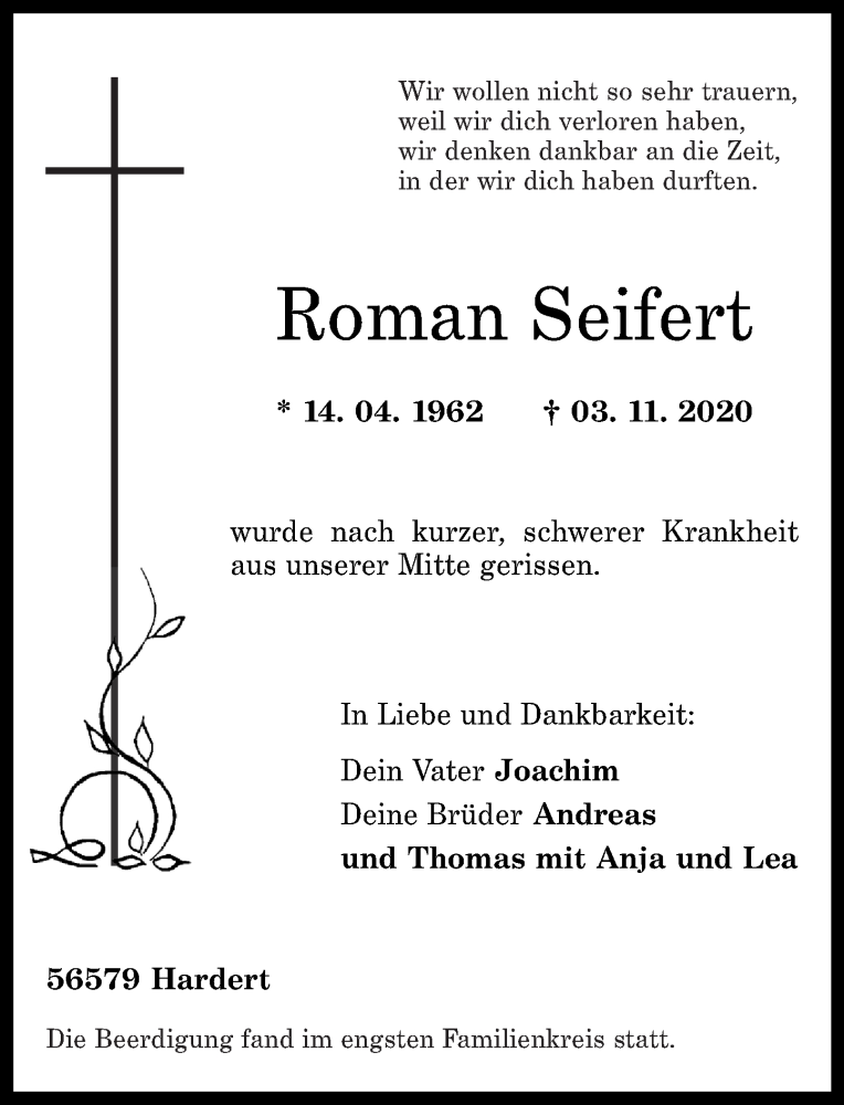 Traueranzeigen von Roman Seifert | rz-trauer.de