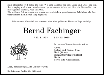Traueranzeigen von Bernd Fachinger | rz-trauer.de
