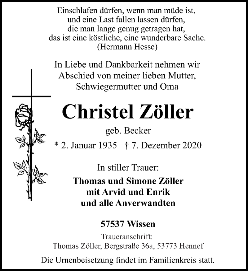 Traueranzeigen von Christel Zöller | rz-trauer.de