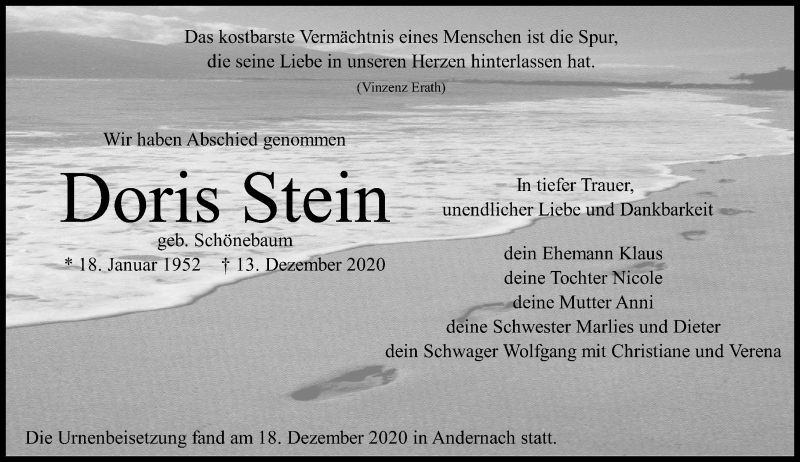 Traueranzeigen von Doris Stein | rz-trauer.de