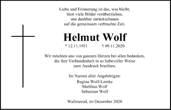 Traueranzeigen von Helmut Wolf | rz-trauer.de