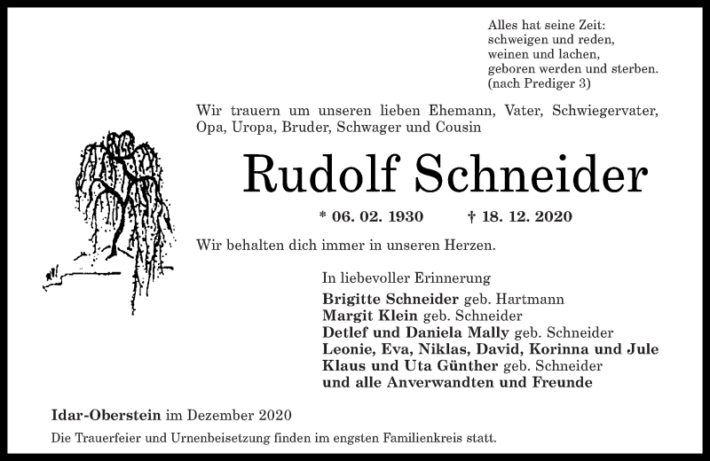 Traueranzeigen von Rudolf Schneider | rz-trauer.de