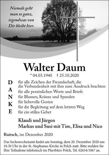Traueranzeigen von Walter Daum | rz-trauer.de
